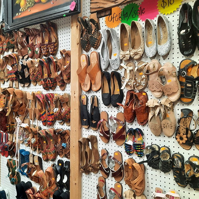 A wall of possibilities for your feet. Each pair tells a story—some comedies, some dramas, all waiting for their next chapter.