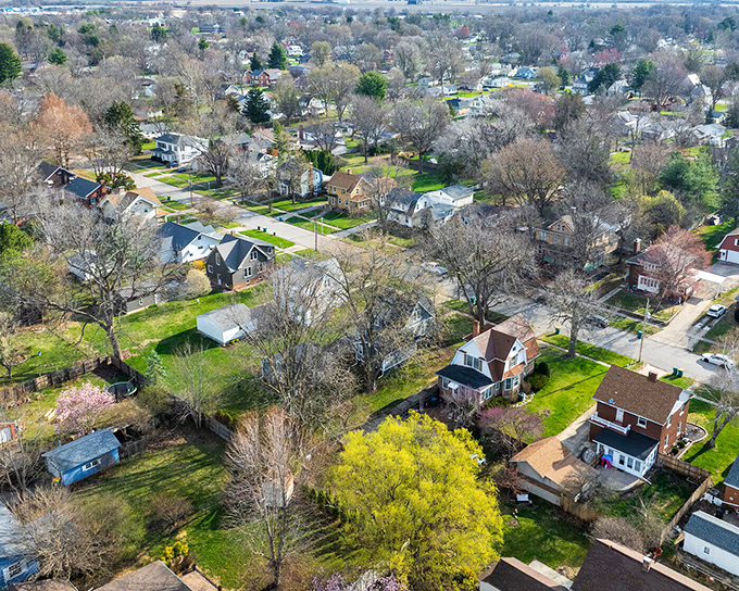 From above, Galesburg's neighborhoods reveal their quilt-like pattern of spacious yards and mature trees, where housing costs won't force you to live in something the size of a postage stamp.