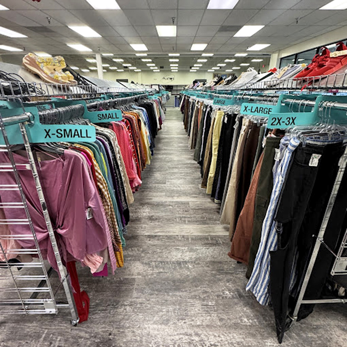 Color-coded racks organized by size—from XS to 2X-3X—make finding your fashion match easier than finding matching socks in your laundry basket.