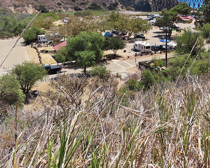 California camping at its finest—where your temporary backyard features mountains, ocean views, and neighbors who are equally excited about s'mores.