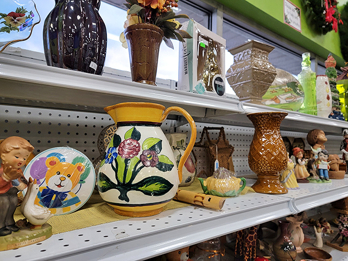 This isn't just a shelf of ceramics—it's a gallery of someone's grandmother's prized possessions, now awaiting adoption into your curio cabinet.