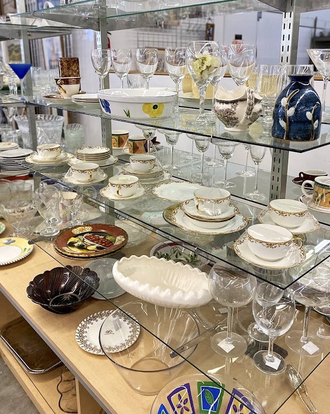 Fine china and crystal stemware await their second act—proof that yesterday's celebrations can become tomorrow's dinner parties for pennies on the dollar.