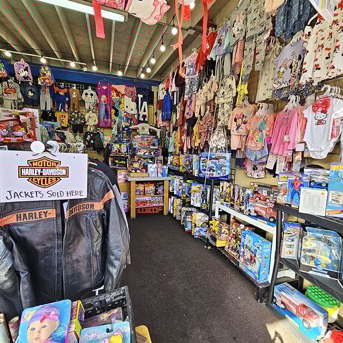 A wonderland of childhood dreams—where Harley jackets hang next to Hello Kitty onesies. Retail therapy at its finest!