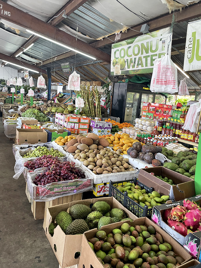 A rainbow of fresh produce that puts supermarkets to shame. Those dragon fruits and red grapes aren't just food—they're edible art with flavor to match.