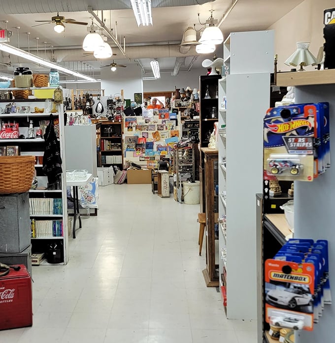 Hot Wheels and Matchbox cars line the shelves, their tiny metal bodies still gleaming despite decades spent waiting for new adventures. Childhood nostalgia packaged in miniature form.