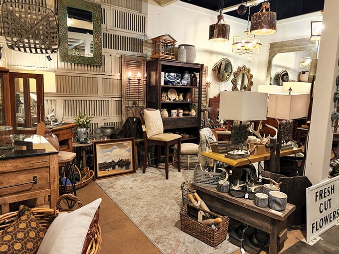 Every corner tells a story—this vignette featuring rustic wood, woven baskets, and vintage signage could transform any house into a magazine-worthy home.
