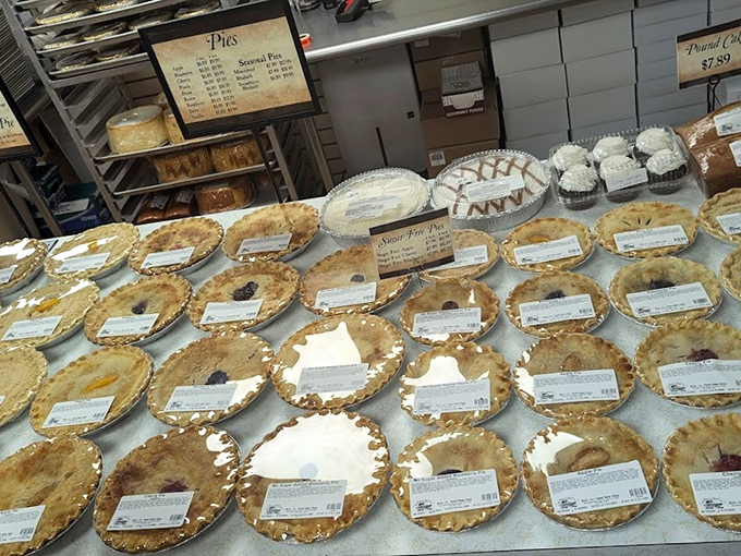 Pie nirvana! Each perfectly crimped crust promises a different journey – apple, cherry, blueberry – all waiting patiently for their moment of glory on your plate.