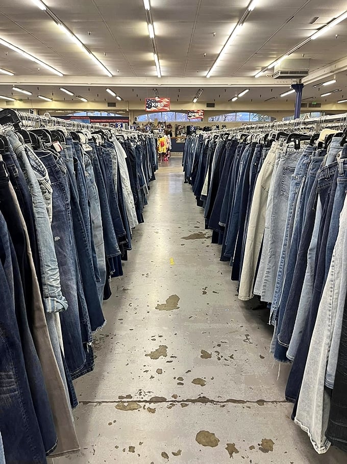 The Great Wall of Jeans stretches as far as the eye can see. Each pair tells a story—some with happier endings than others.
