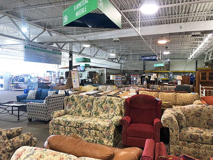 The furniture section resembles a living room museum where floral patterns from three decades collide in surprisingly harmonious fashion.