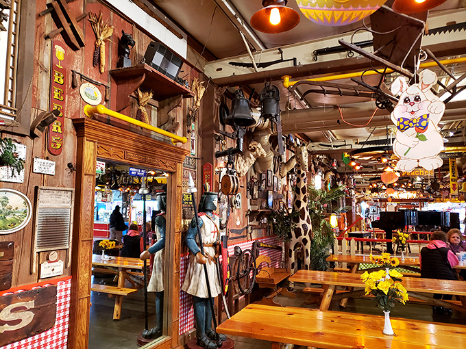 This rustic dining area feels like stepping into a time capsule – complete with vintage decor that makes you wonder if Paul Bunyan might stop by for lunch.