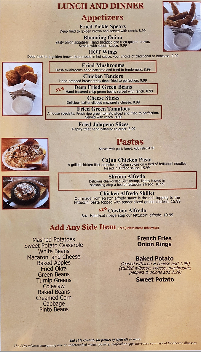 A menu that reads like a love letter to Southern appetites. Notice how "Fried Green Tomatoes" gets that special box—they're not subtle about their pride.