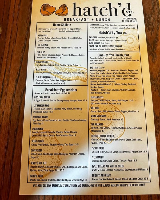 A menu that reads like breakfast poetry—where "Let Freedom Ring" isn't just patriotic, it's deliciously stuffed with sausage and bacon.