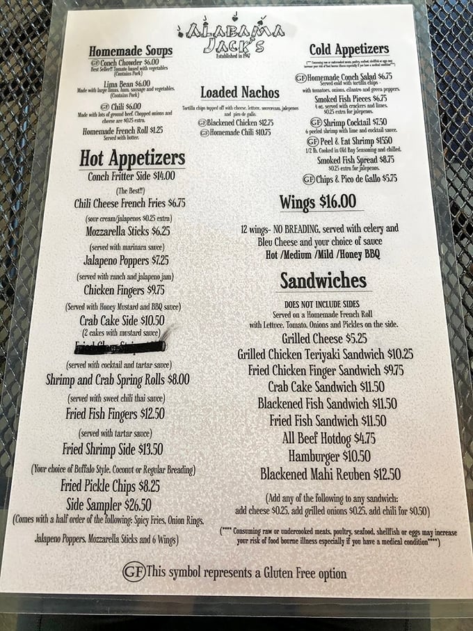 This menu reads like a love letter to seafood lovers. The conch fritters alone have probably prevented countless northward migrations.