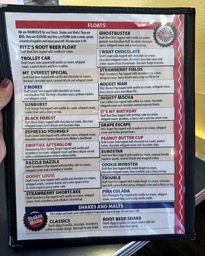 The float menu reads like a dessert lover's fantasy novel—each description promising a sweet escape from ordinary beverages into ice cream paradise.