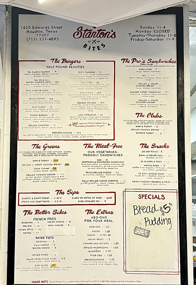 This menu isn't just a list—it's a roadmap to happiness. The "Half-Pound Beauties" section alone could keep you occupied until retirement.