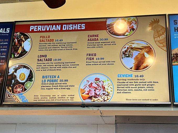 The menu board reads like a love letter to Peruvian cuisine. Lomo saltado, ceviche, and pollo a la brasa—decisions this difficult should come with a therapist.