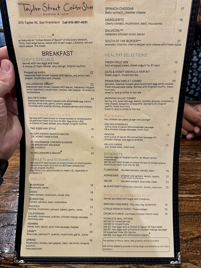 The menu reads like a love letter to breakfast classics. Notice the starred "Millionaire's Bacon" – not just a side dish, but the headliner of this culinary show.