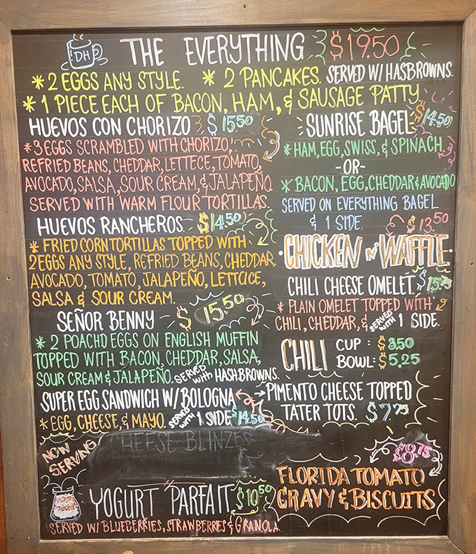 This chalkboard menu is like a roadmap to happiness. "The Everything" breakfast isn't just a meal—it's a commitment.