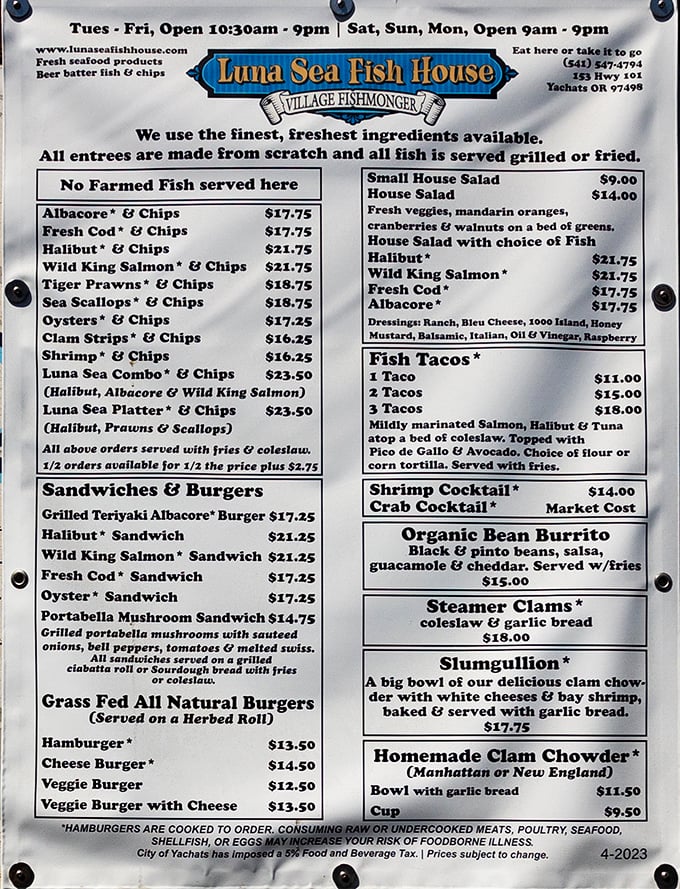 A menu that reads like poetry to seafood lovers. No farmed fish here—just wild-caught treasures from the Pacific's depths.