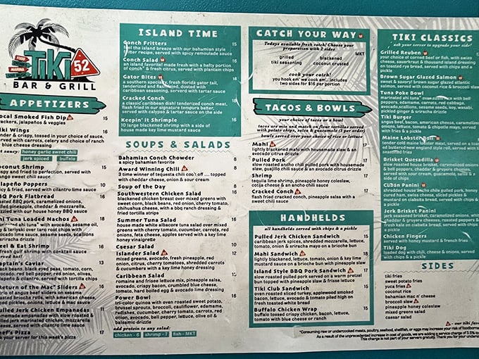 The menu at Tiki 52 reads like a love letter to Florida's coastal bounty. Decisions, decisions—though locals will steer you toward that legendary cheeseburger.