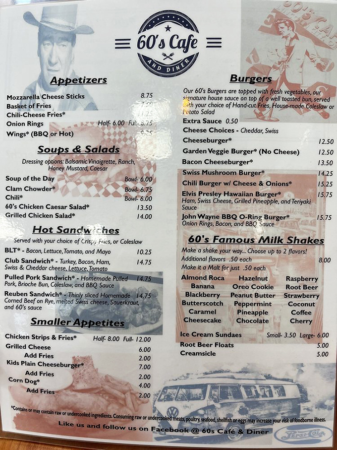 This menu isn't just a list of food—it's a roadmap to happiness. John Wayne has a burger named after him, and after tasting it, you'll understand why the Duke would approve.
