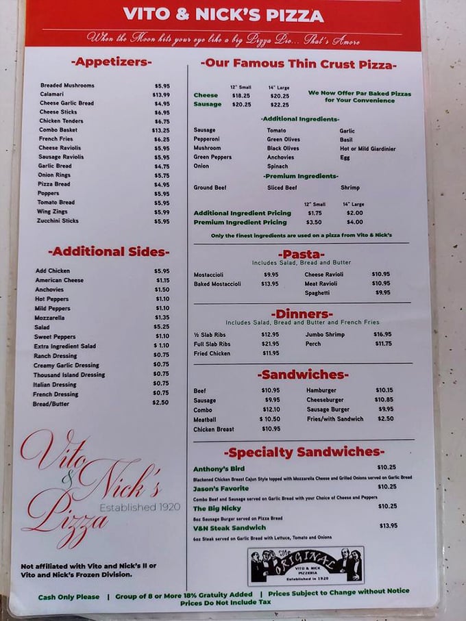 This menu isn't trying to impress with fancy terms—just honest Italian-American classics that have stood the test of time.