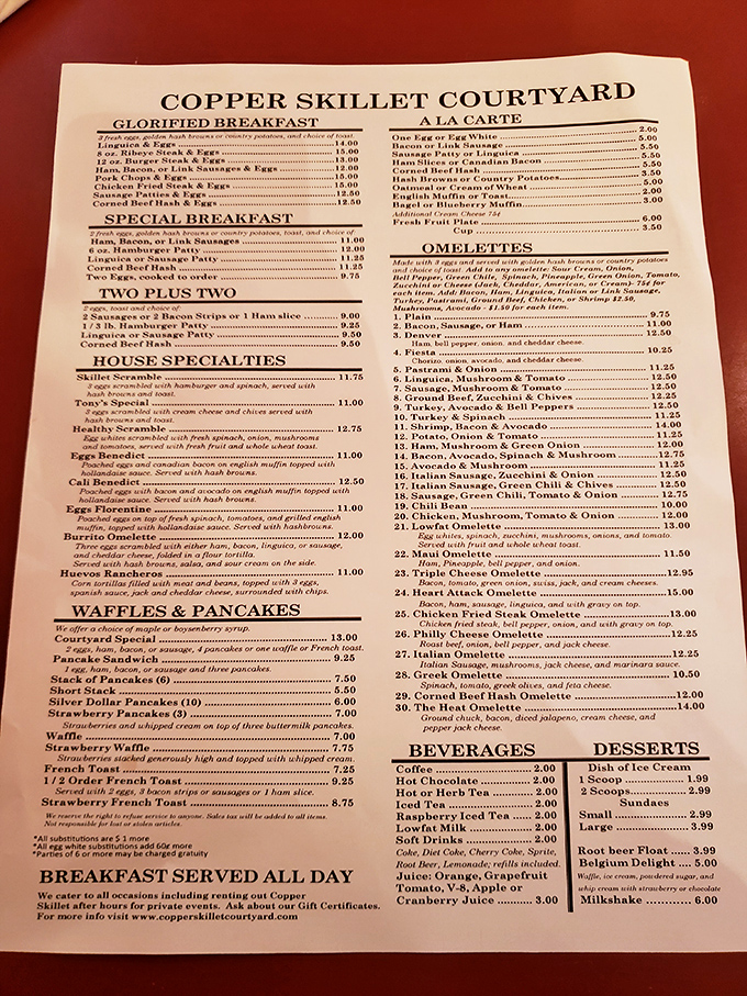This menu isn't just a list of options—it's a roadmap to breakfast nirvana. The "Heart Attack Omelette" is both a warning and an invitation.
