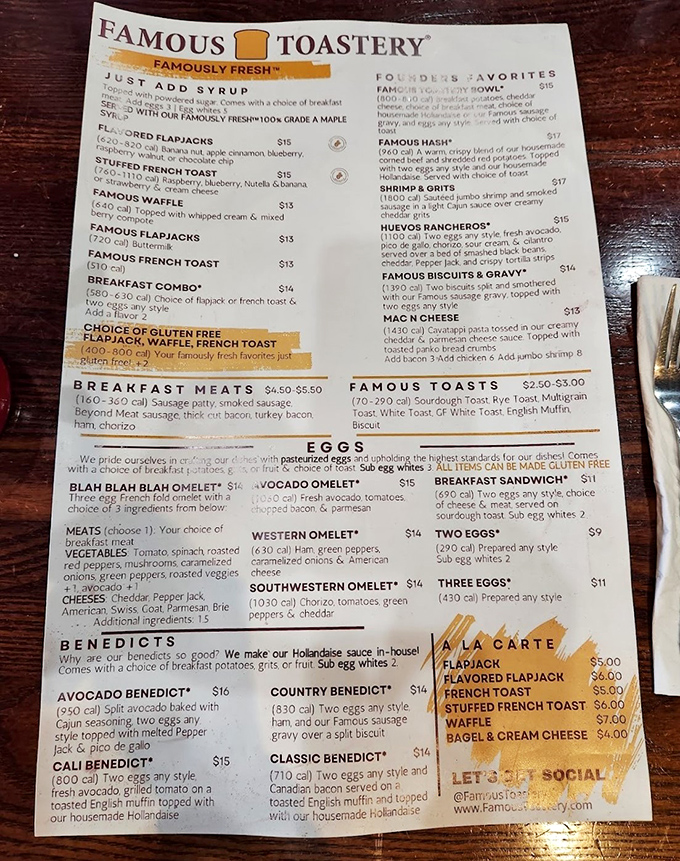 This menu isn't just a list—it's a roadmap to breakfast bliss. The "Blah Blah Blah Omelet" proves even ordering can be fun.