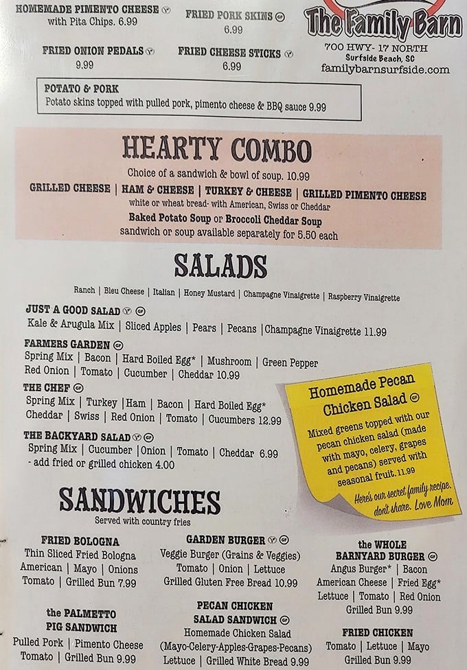 A menu that doesn't need fancy fonts to impress – just honest offerings like homemade pimento cheese and "Mom's secret family recipe."
