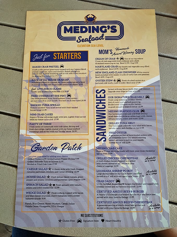 This menu reads like seafood poetry—each description more mouthwatering than the last. "Mom's Award-Winning Soup" isn't just a name, it's a promise. 