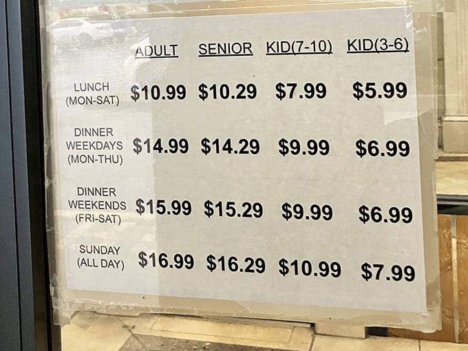 The pricing board – a mathematical equation where your hunger divided by these numbers equals extraordinary value. Budget-friendly feasting at its finest.