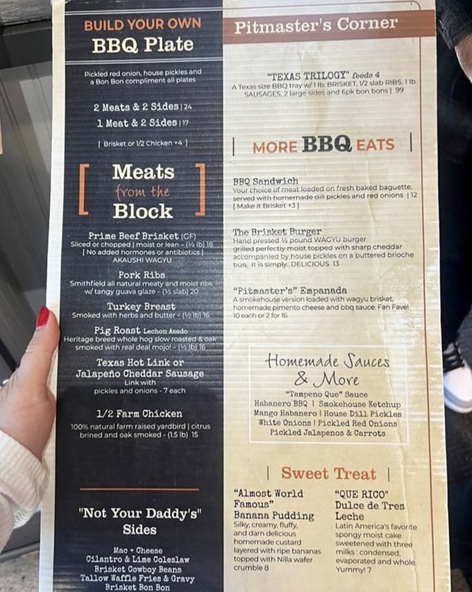 The menu reads like a love letter to carnivores, with the "Texas Trilogy" practically daring you to bring your appetite.