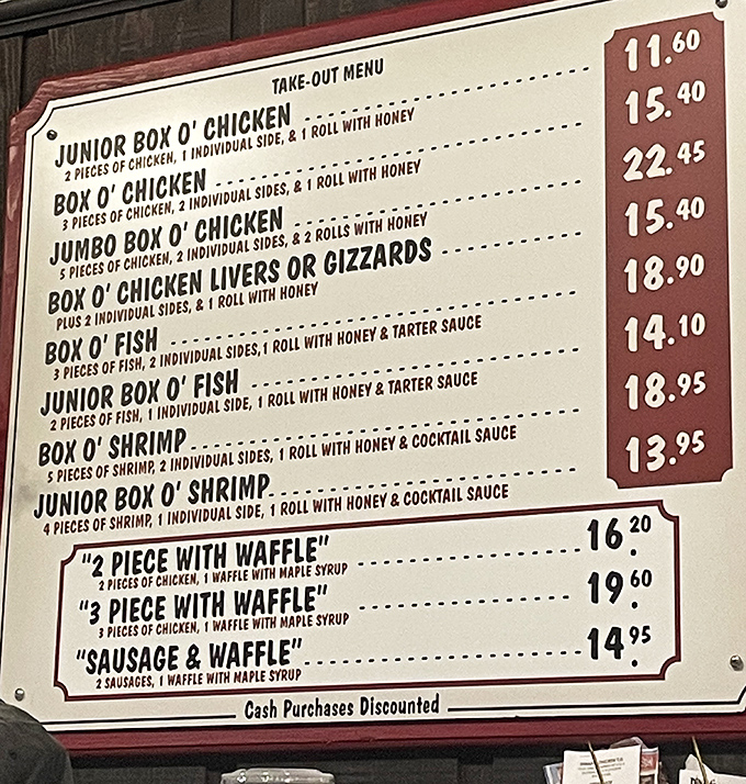 A menu that doesn't need fancy fonts or chef bios—just straightforward promises of chicken paradise in various "Box O'" configurations.