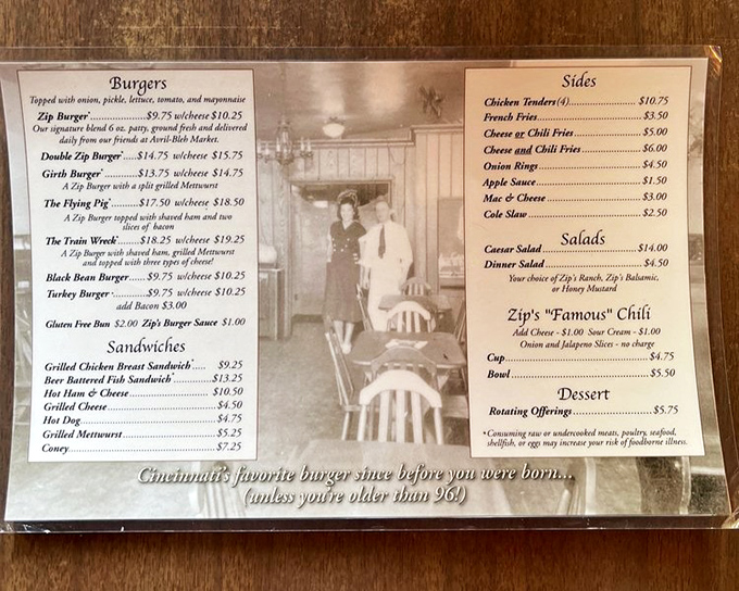 A menu that doesn't need fancy descriptions—just straightforward burger perfection that's been Cincinnati's favorite "since before you were born" (unless you're older than 96!).