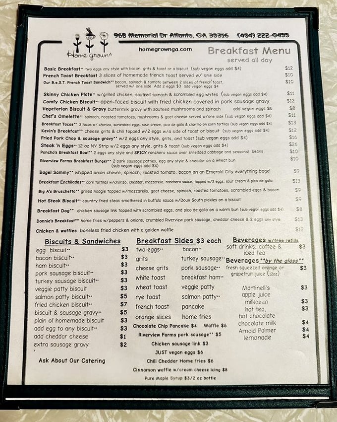 This menu reads like a love letter to Southern breakfast traditions. The hardest relationship you'll have today? Choosing just one dish.