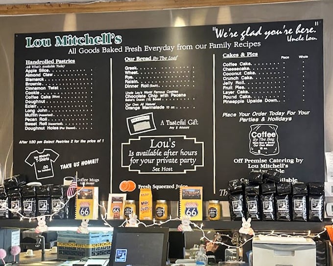 This menu board is like a roadmap to happiness. Notice how "We're glad you're here" isn't just a slogan – it's the restaurant's entire philosophy.