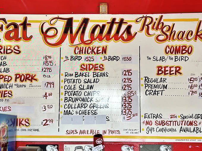 A menu board that cuts straight to the chase—no foams, no reductions, just honest BBQ that speaks the universal language of deliciousness.