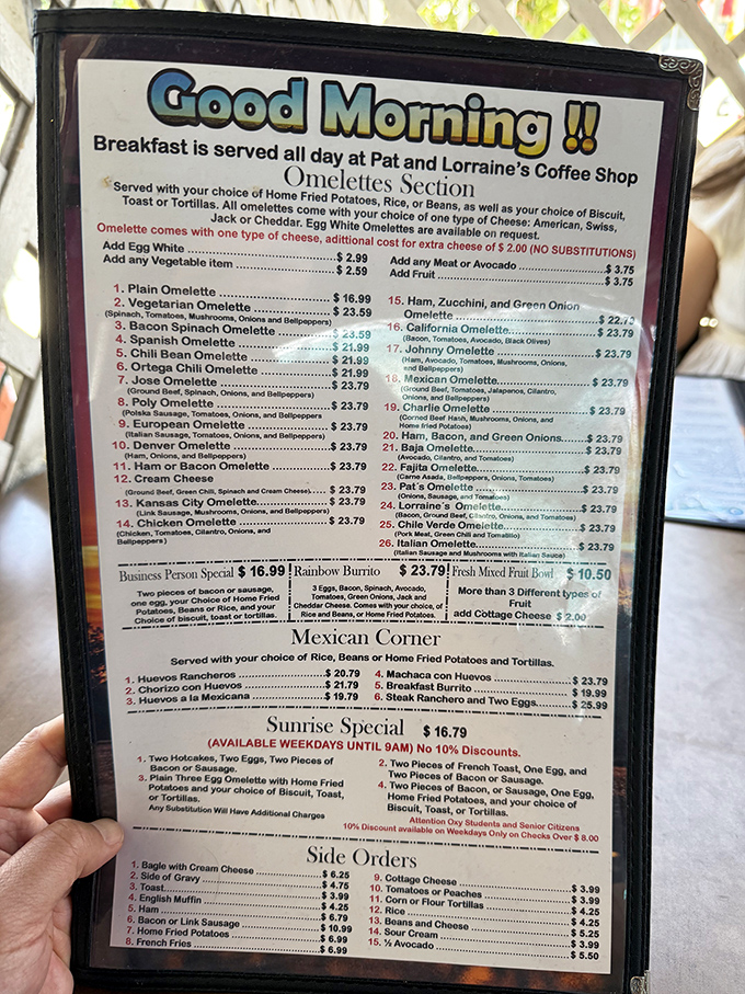 The menu reads like a breakfast lover's dream journal—over two dozen omelets and all-day breakfast options that promise satisfaction at any hour.