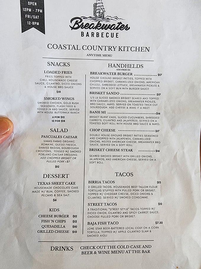This menu isn't just a list of options—it's a roadmap to happiness. Each item represents a different path to barbecue bliss.
