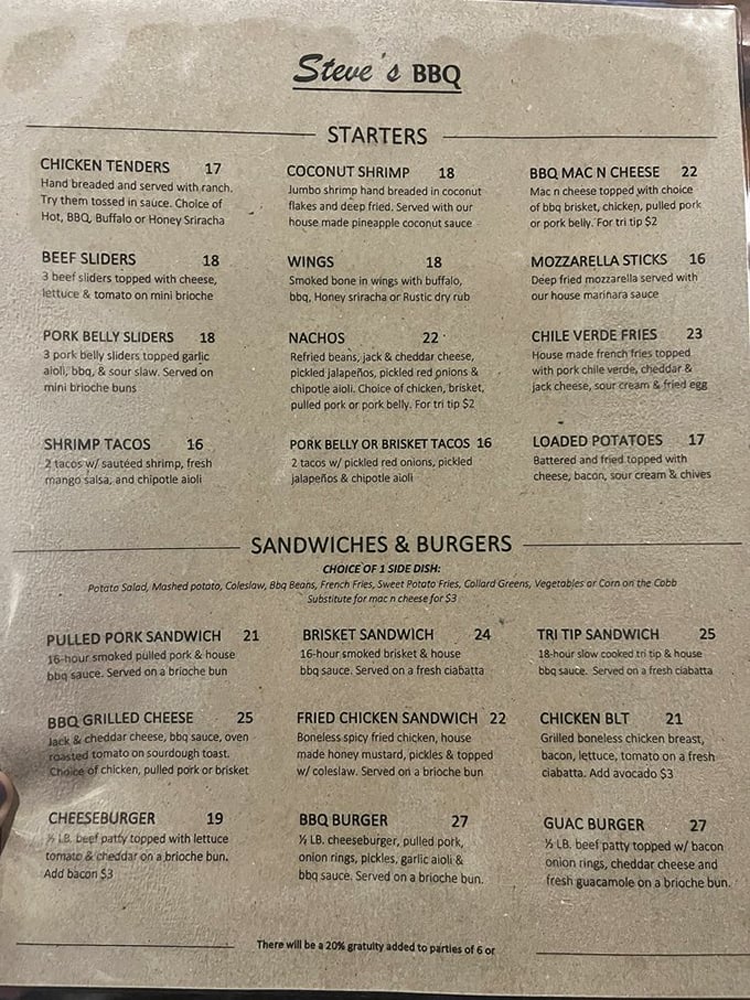 This menu isn't just a list of options—it's a roadmap to happiness with detours through smoked meat paradise. 