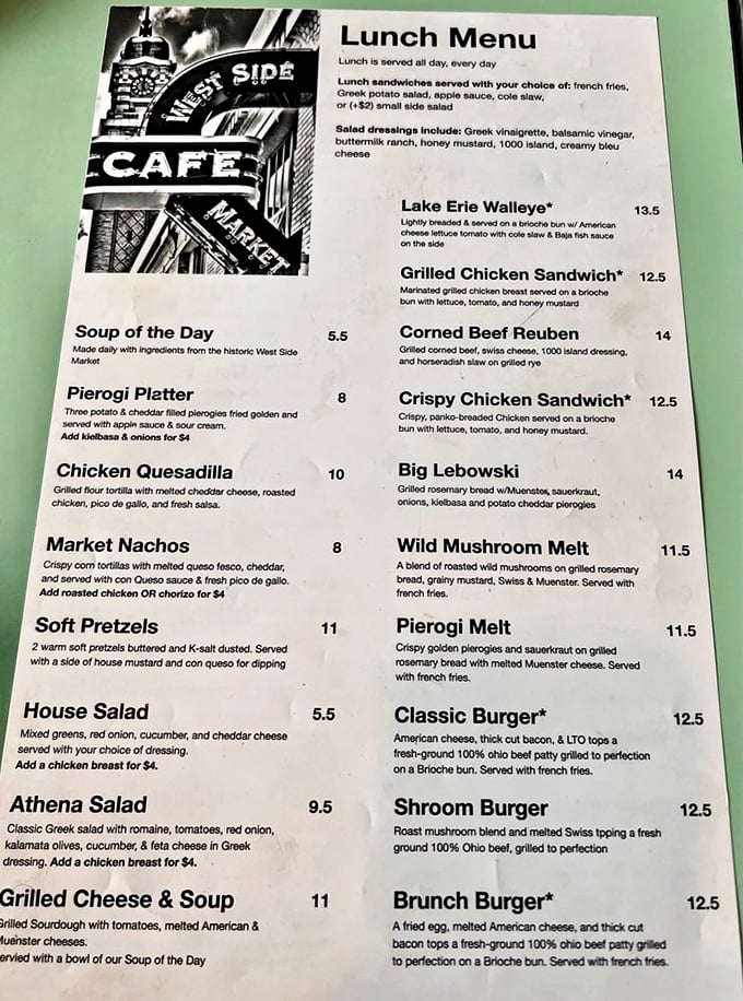 A menu that reads like a love letter to Midwest comfort food – each item promising a different kind of delicious nostalgia.