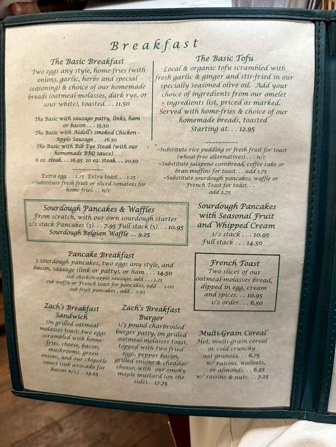This menu isn't just a list of options—it's a roadmap to breakfast nirvana. The hardest relationship you'll navigate today is choosing between those sourdough pancakes and French toast.