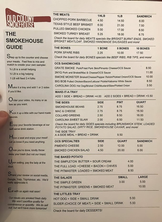 This menu isn't just a list—it's a roadmap to happiness. The "Smokehouse Guide" steps are like the Ten Commandments of proper BBQ enjoyment.