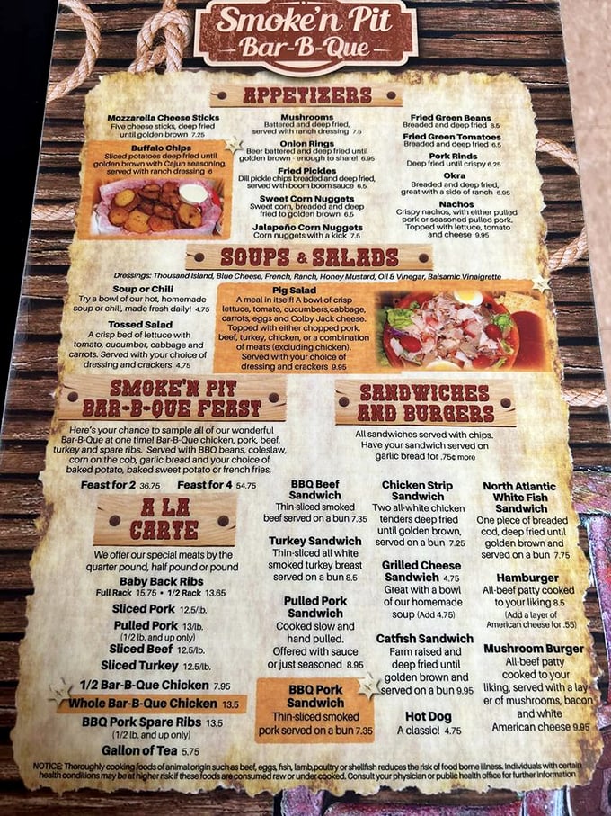 This menu isn't just a list—it's a treasure map. X marks the spot where Buffalo Chips and Baby Back Ribs lead to culinary gold.