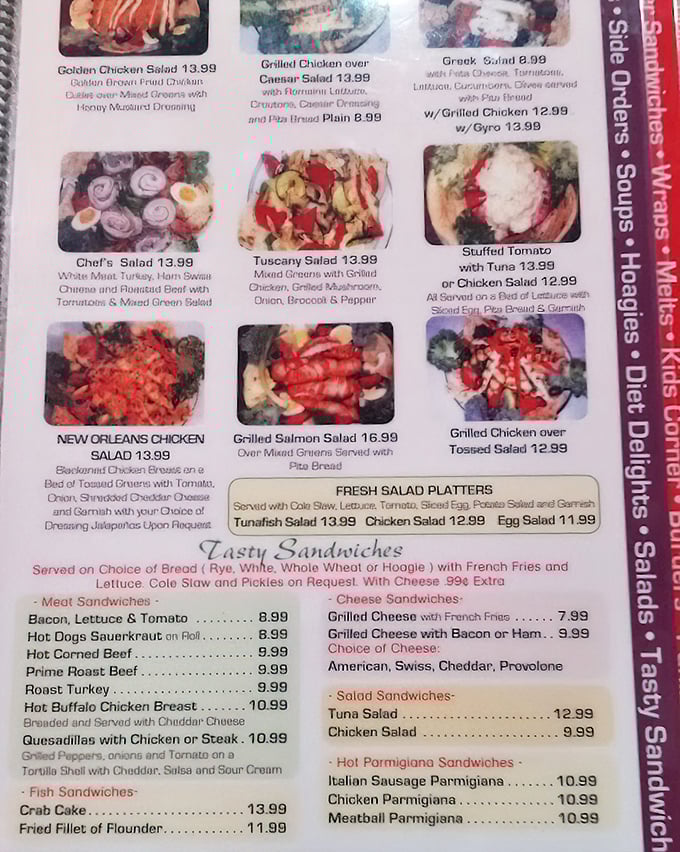 The menu reads like a love letter to comfort food classics – each page a chapter in the great American diner story.