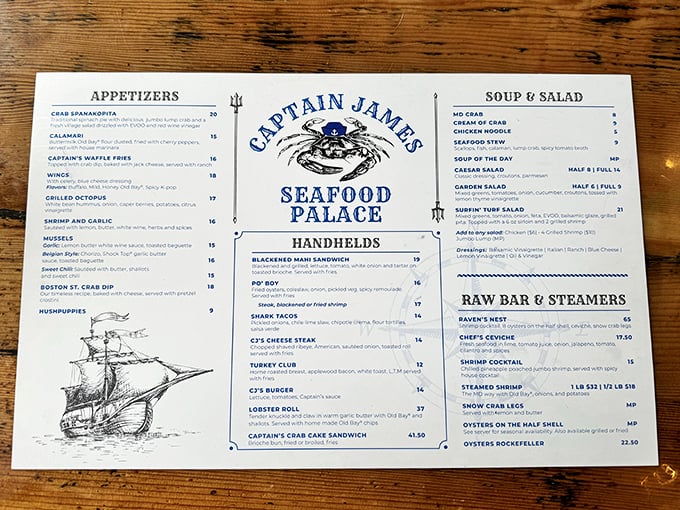A menu that reads like a love letter to the Chesapeake Bay, with crab taking center stage in more starring roles than Meryl Streep.