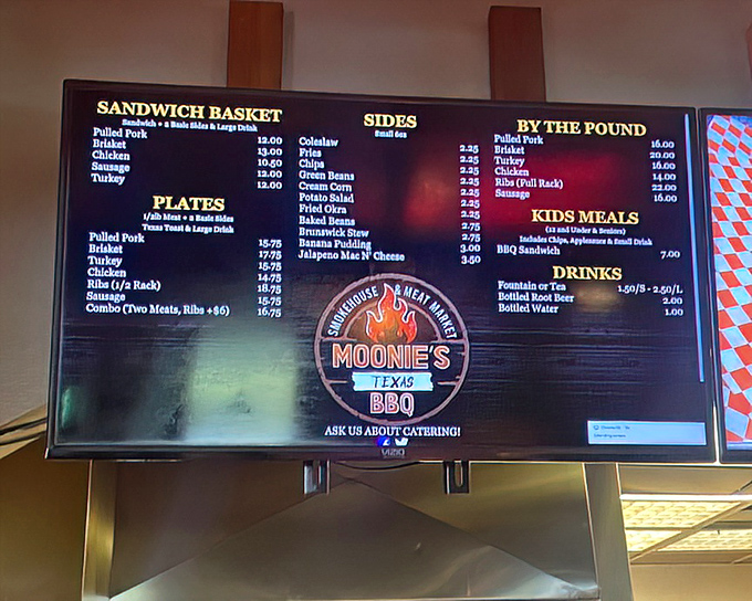 The menu board is like a treasure map where X marks the brisket. Simple choices, extraordinary results – the way barbecue should be.