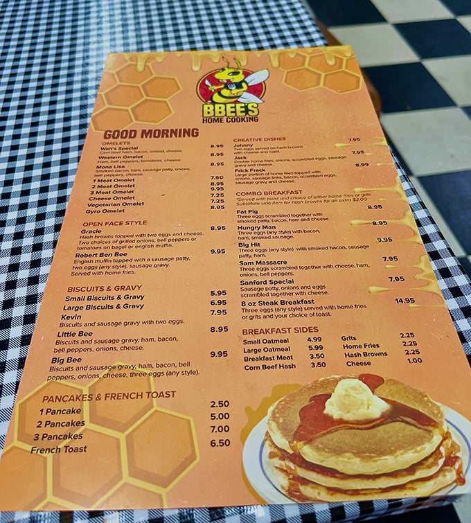 This honey-themed menu is the roadmap to breakfast paradise. Just look at those creative dish names – "Sam Massacre" sounds deliciously dangerous!