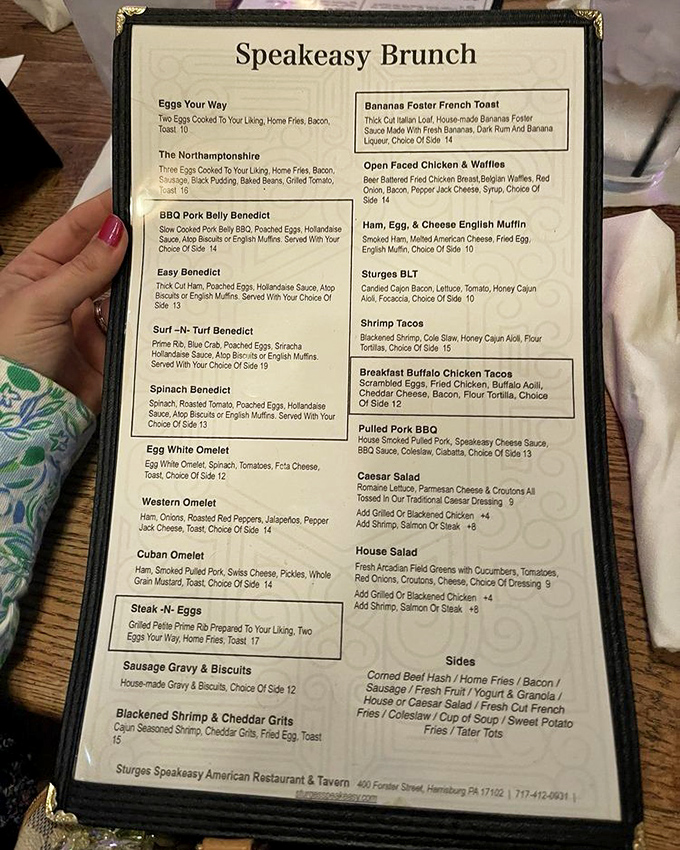 This menu isn't just a list of food—it's a roadmap to brunch nirvana. The Steak-N-Eggs entry alone is worth the trip to Harrisburg.