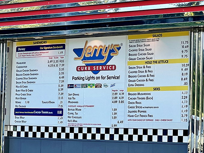 The menu board at Jerry's tells a story of American classics that have stood the test of time—where "hold the lettuce" is practically a philosophical statement.